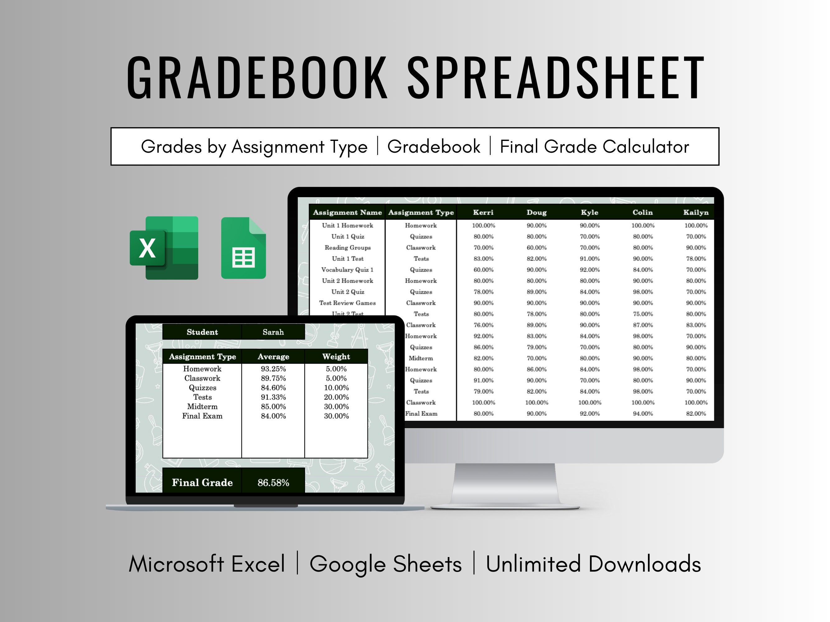 Gradebook Spreadsheet Template for Excel & Google Sheets , Grade ...
