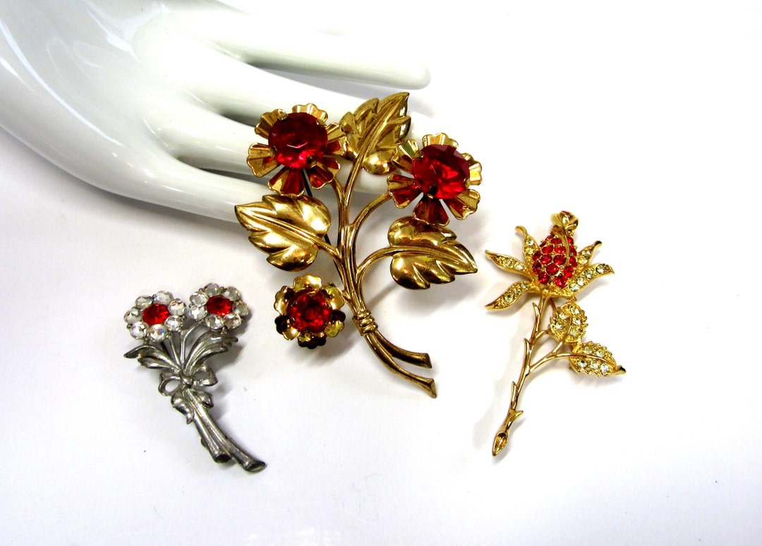 Set of 3 Flower Brooches With Red Rhinestones, Lot of 3 Rhinestone ...