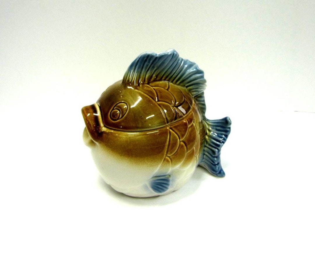 Ceramic Fish Canister or Jar, Fish Container in Blue Beige and Brown ...