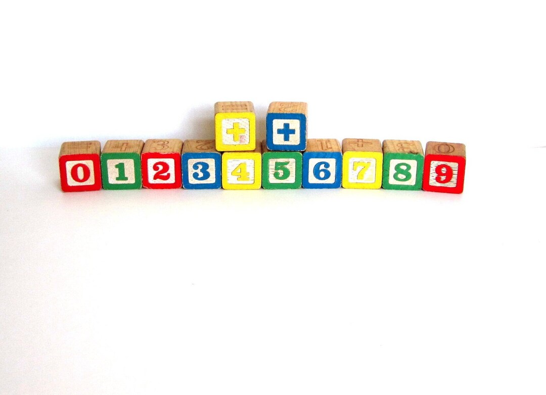 Set of 12 Wooden Blocks With Numbers and Symbols, Vintage Wood Block ...