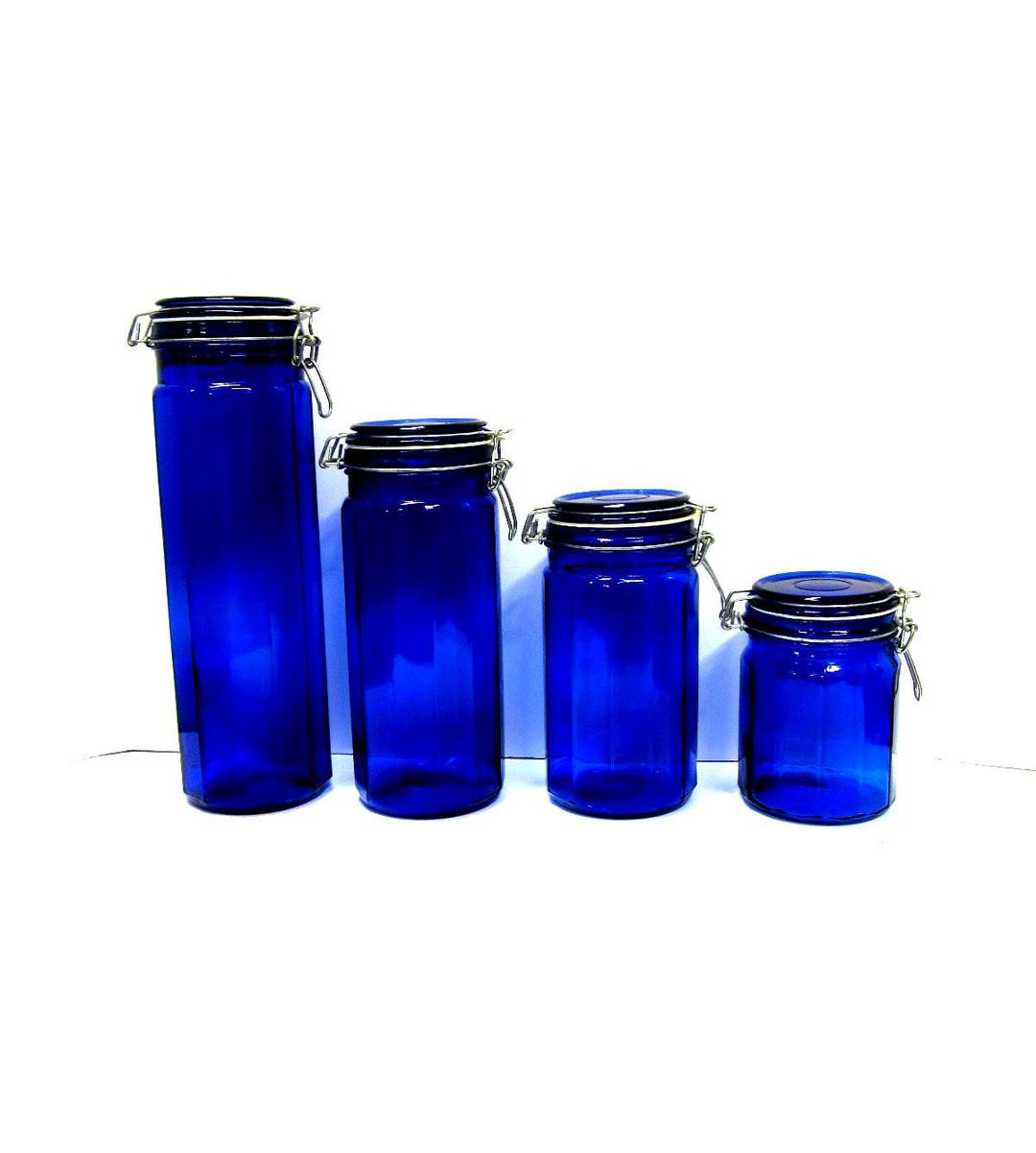 Cobalt Blue Paneled Canisters Set of 4 Blue Glass Canisters With Wire ...