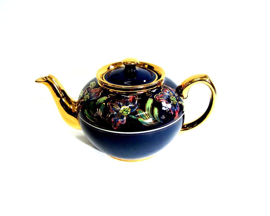 Sadler Teapot Navy Blue and Gold With Floral Motif, Vintage Teapot Made ...
