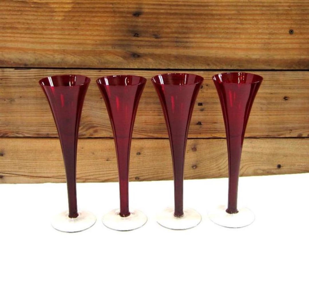 Vintage Ruby Red Crystal Champagne Flutes - Set of 4 - Trumpet Design ...