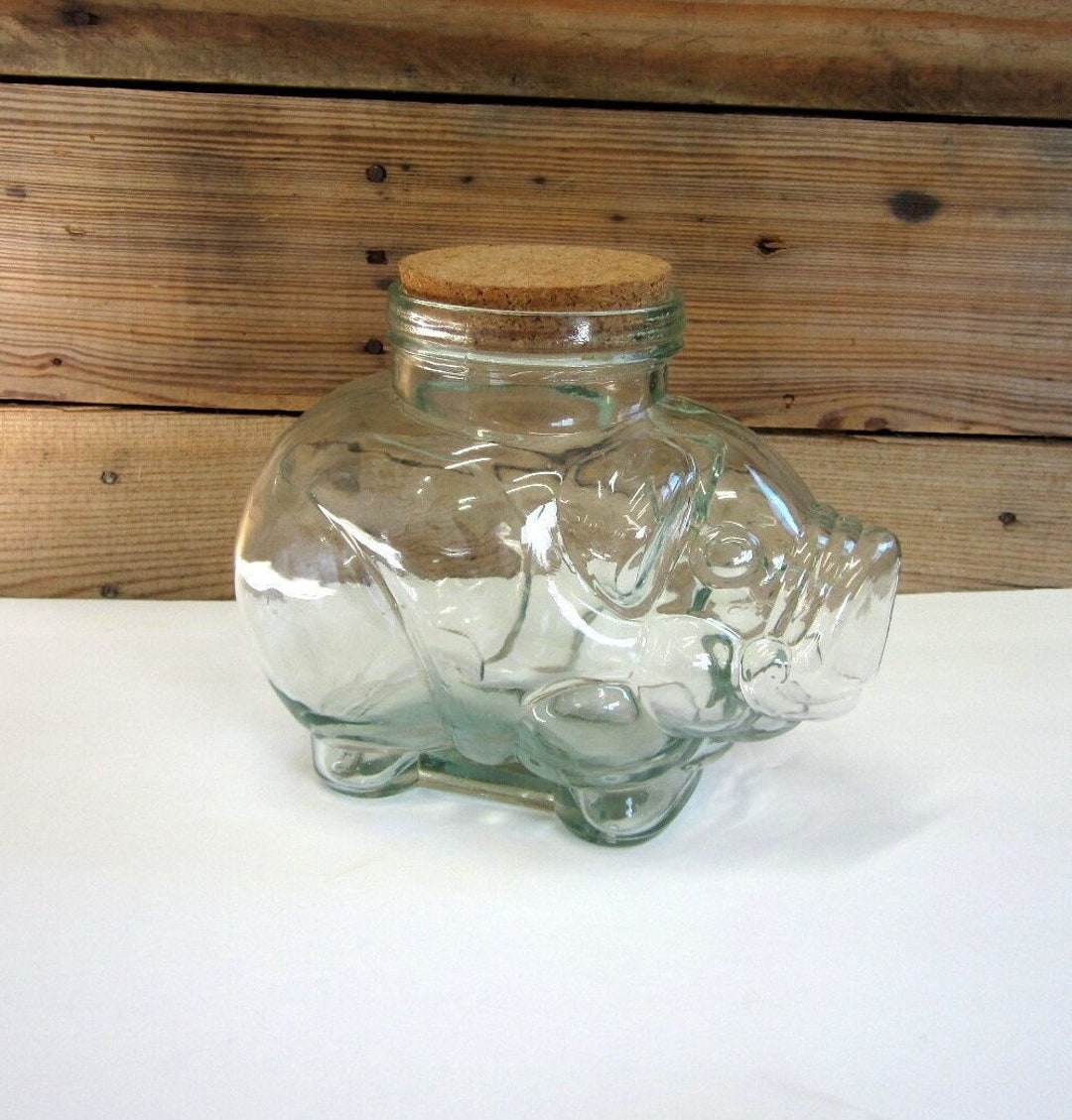 Vintage Piggy Cookie Jar or Biscuit Jar in Green Glass With Large Cork ...