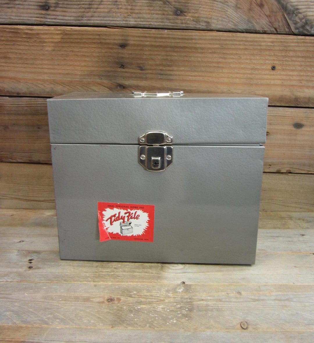 Vintage Tidy File Metal File Box With Key, Locking Gray Metal Storage ...