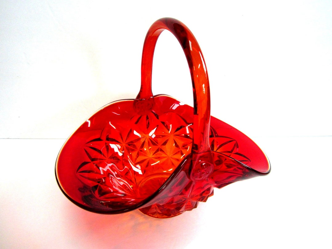 Vintage Amberina Glass Basket , Large Red Orange and Yellow Glass ...