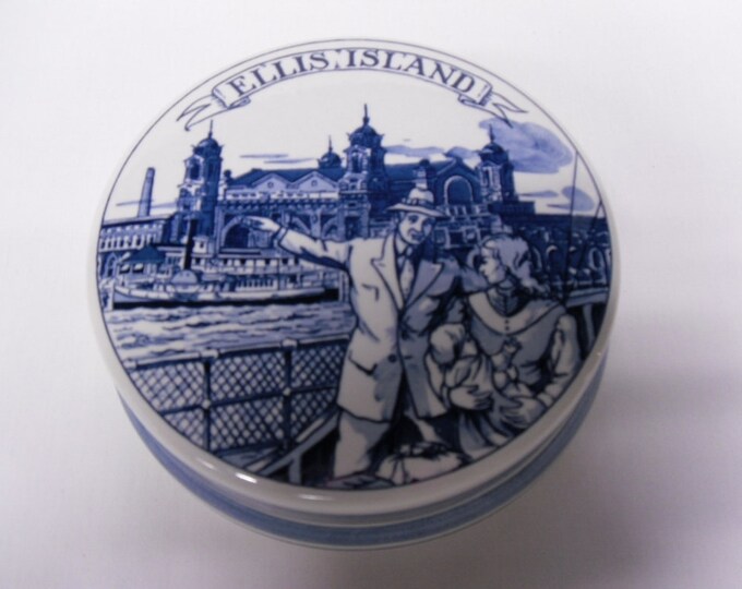 Blue Delft Commemorative Ellis Island Lidded Dish, Vintage Blue and ...