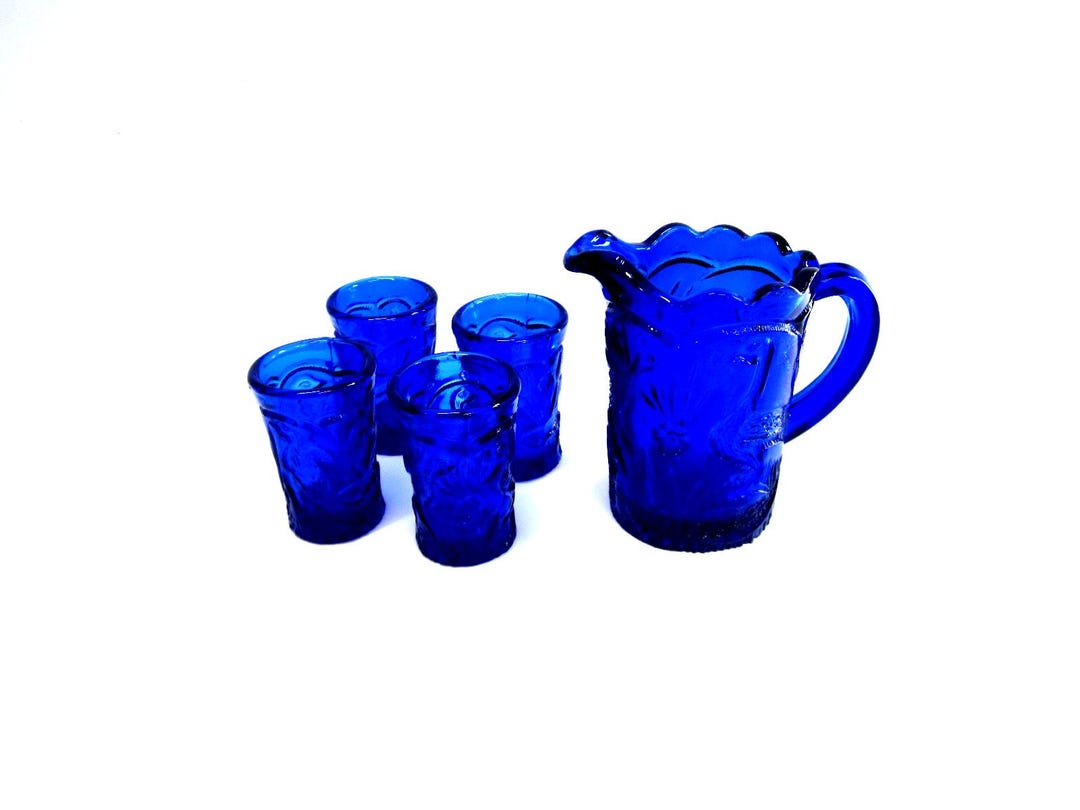 Cobalt Blue Miniature Pitcher & Glasses Set Pressed Blue Glass Birds ...
