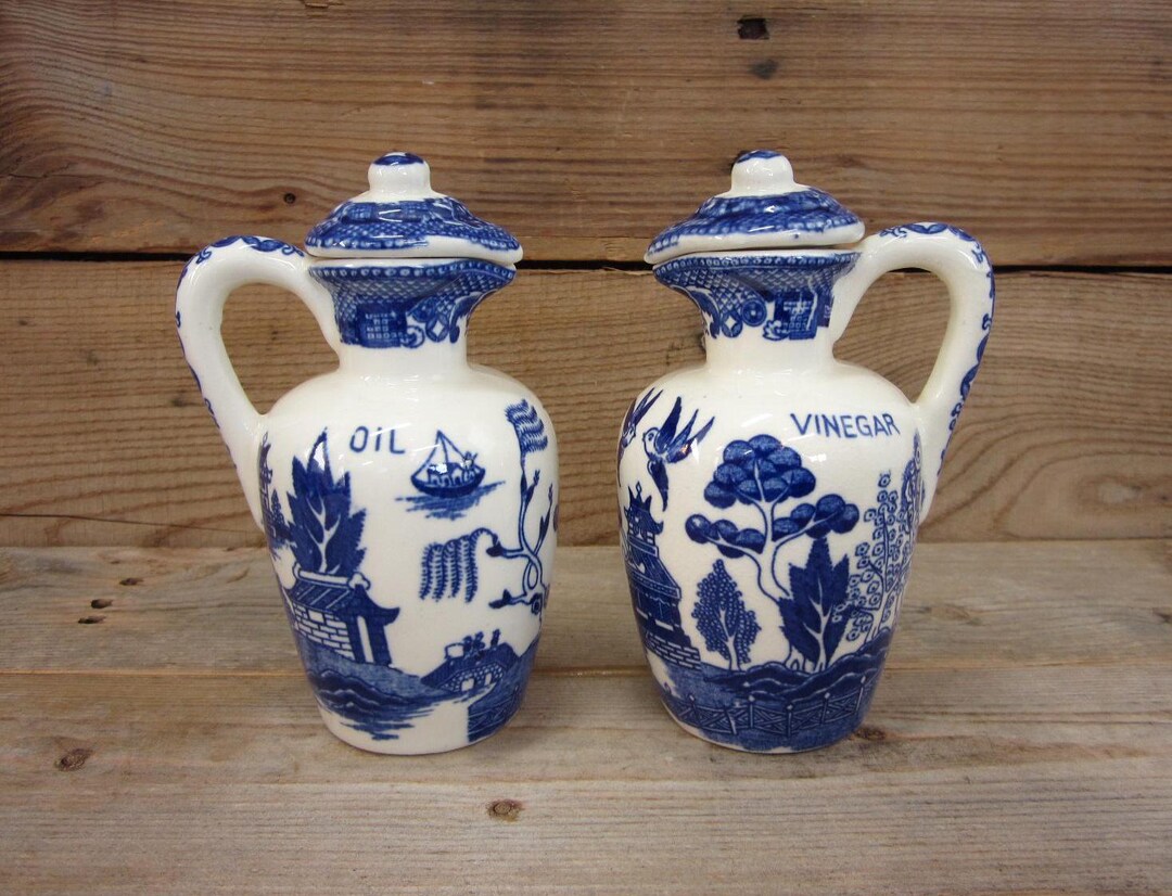 Set of Blue Willow Oil & Vinegar Cruets Made in Japan, Blue White ...
