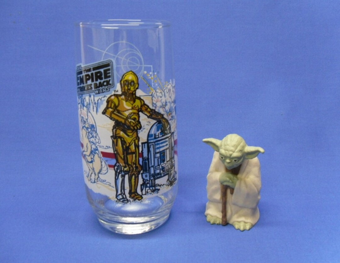 1980 Star Wars Glass With C 3po And R2 D2 And Yoda Figurine Vintage Burger King Star Wars