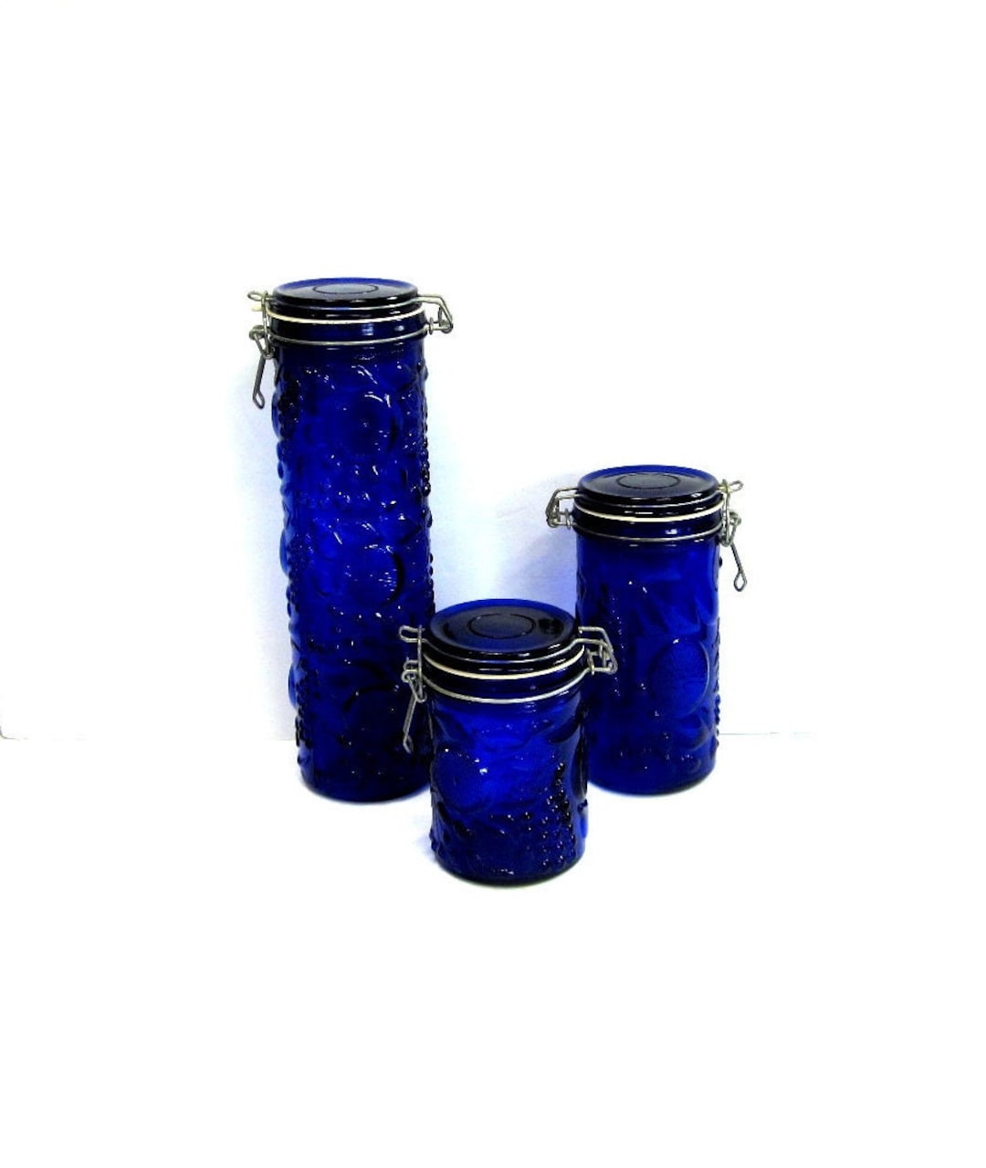 Set of Cobalt Blue Canisters Embossed With Fruit , Vintage Kitchen ...