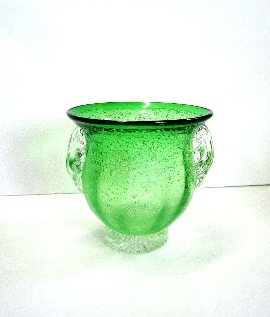Handblown Green Bubble Glass Footed Vase With Clear Handles, Art Glass ...