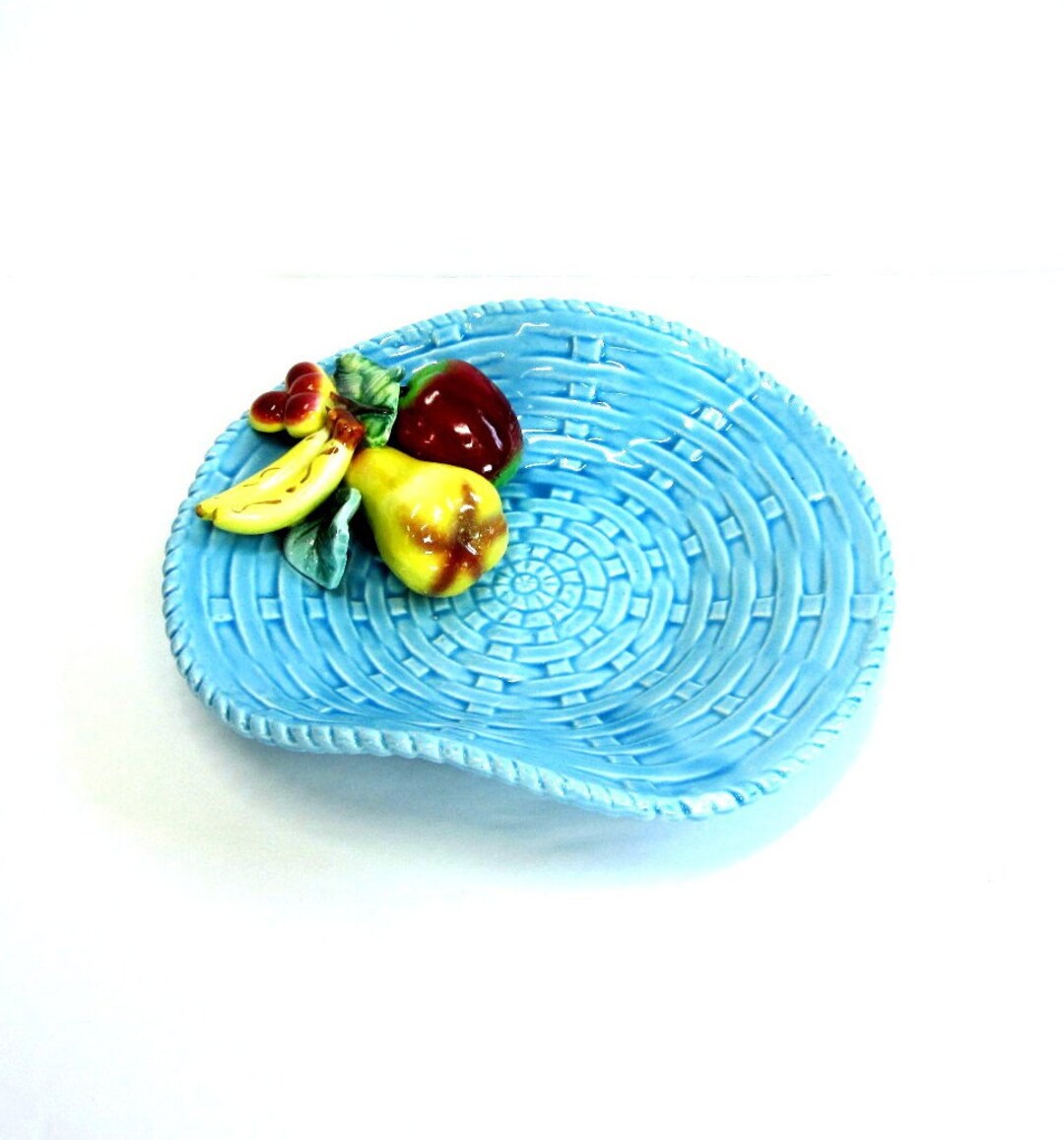Majolica Style Blue Basket Weave Plate With Applied Fruits, Mid Century ...