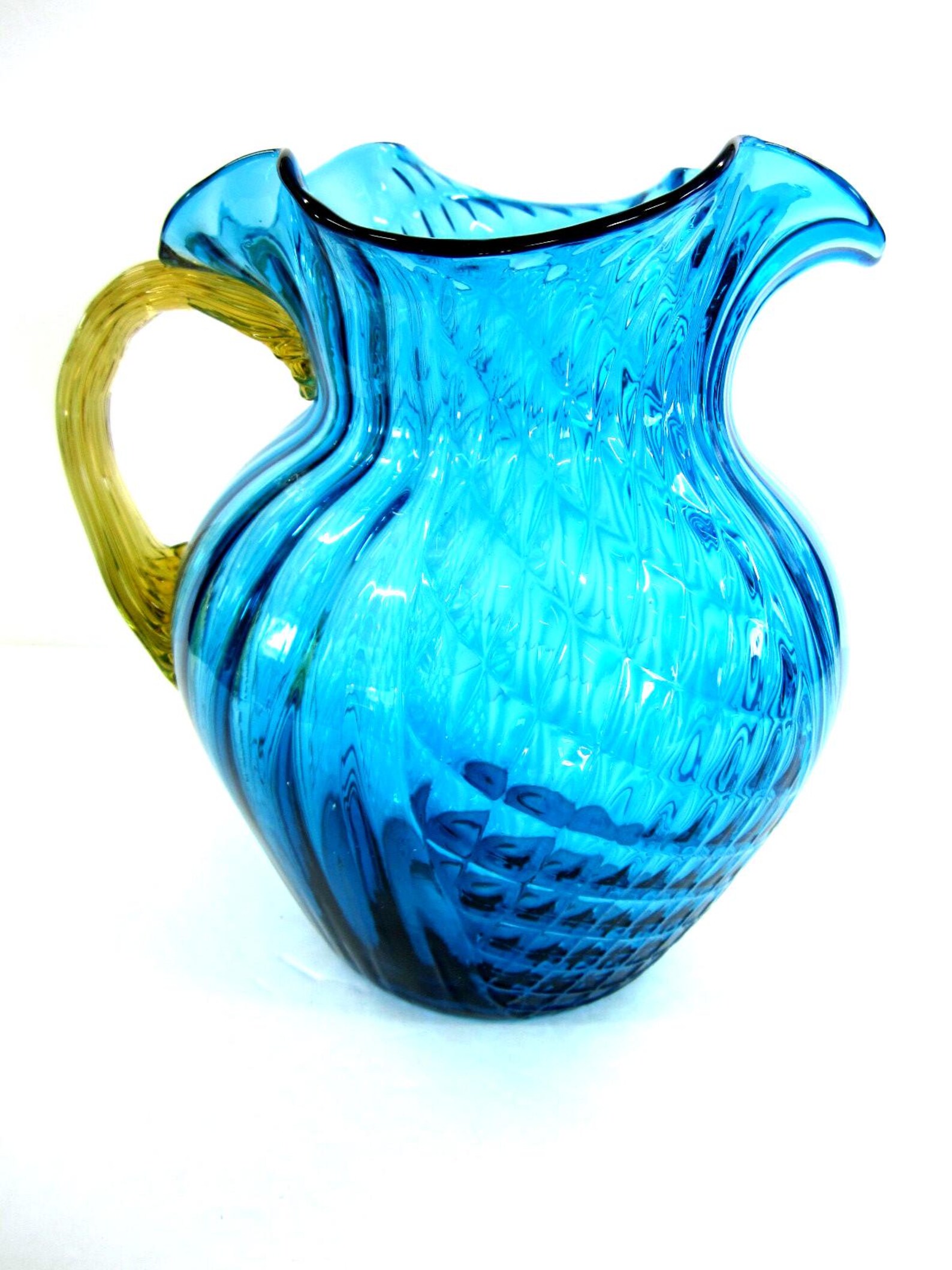 Fenton Peacock Blue 2 Pattern Pitcher With Ruffled Lip and Applied ...