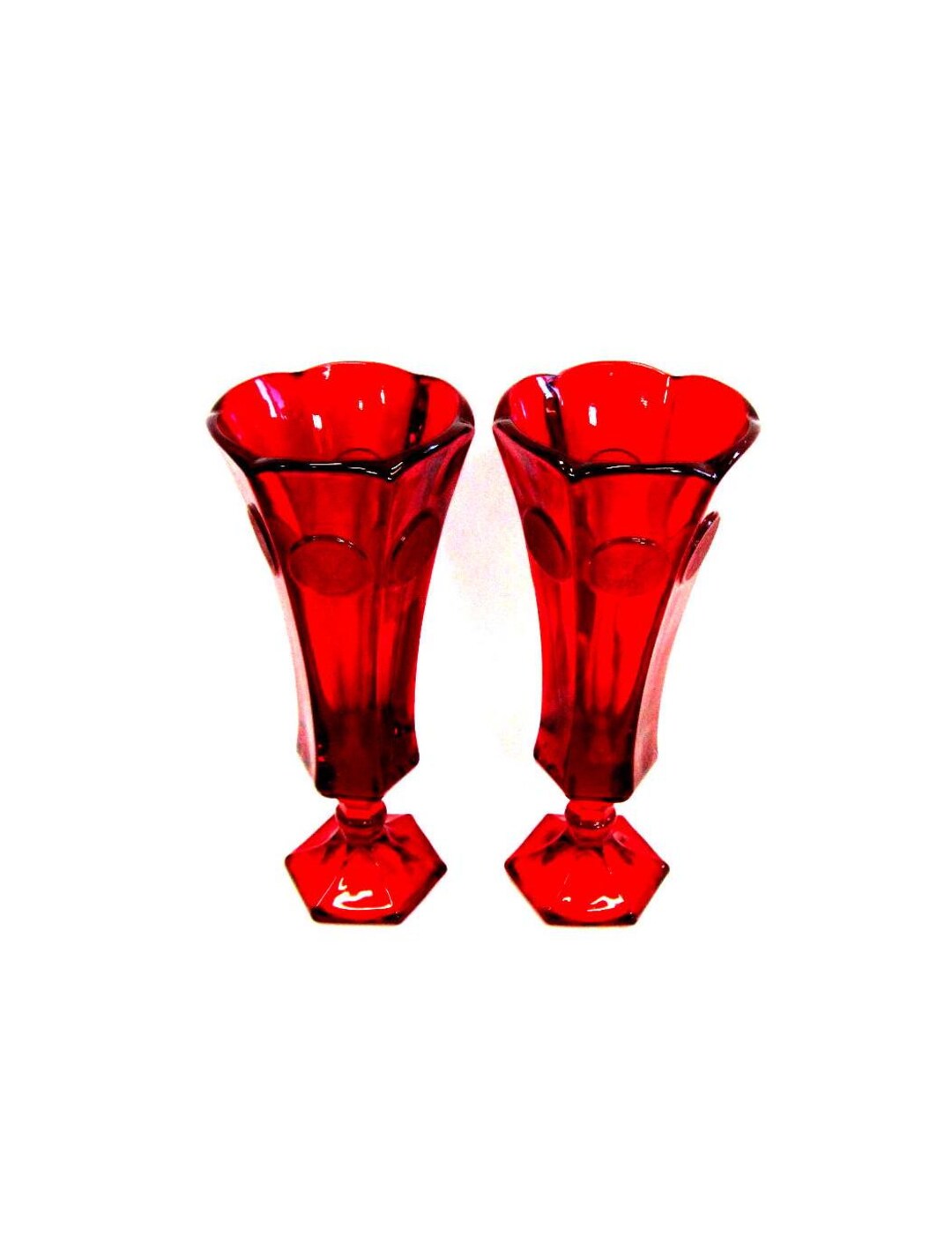 Pair of Fostoria Ruby Red Coin Vases, Vintage Red Glass Set of Pedestal ...