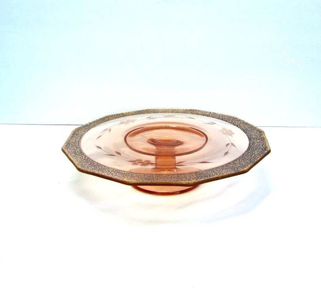 Tiffin Pink Depression Glass Cake Stand 1930's Etched Glass Cake ...