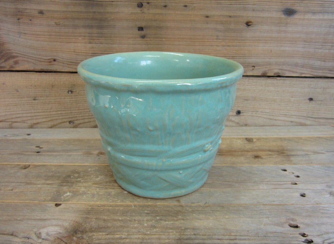 Turquoise Glazed Ceramic Planter Basket Weave Design - Etsy