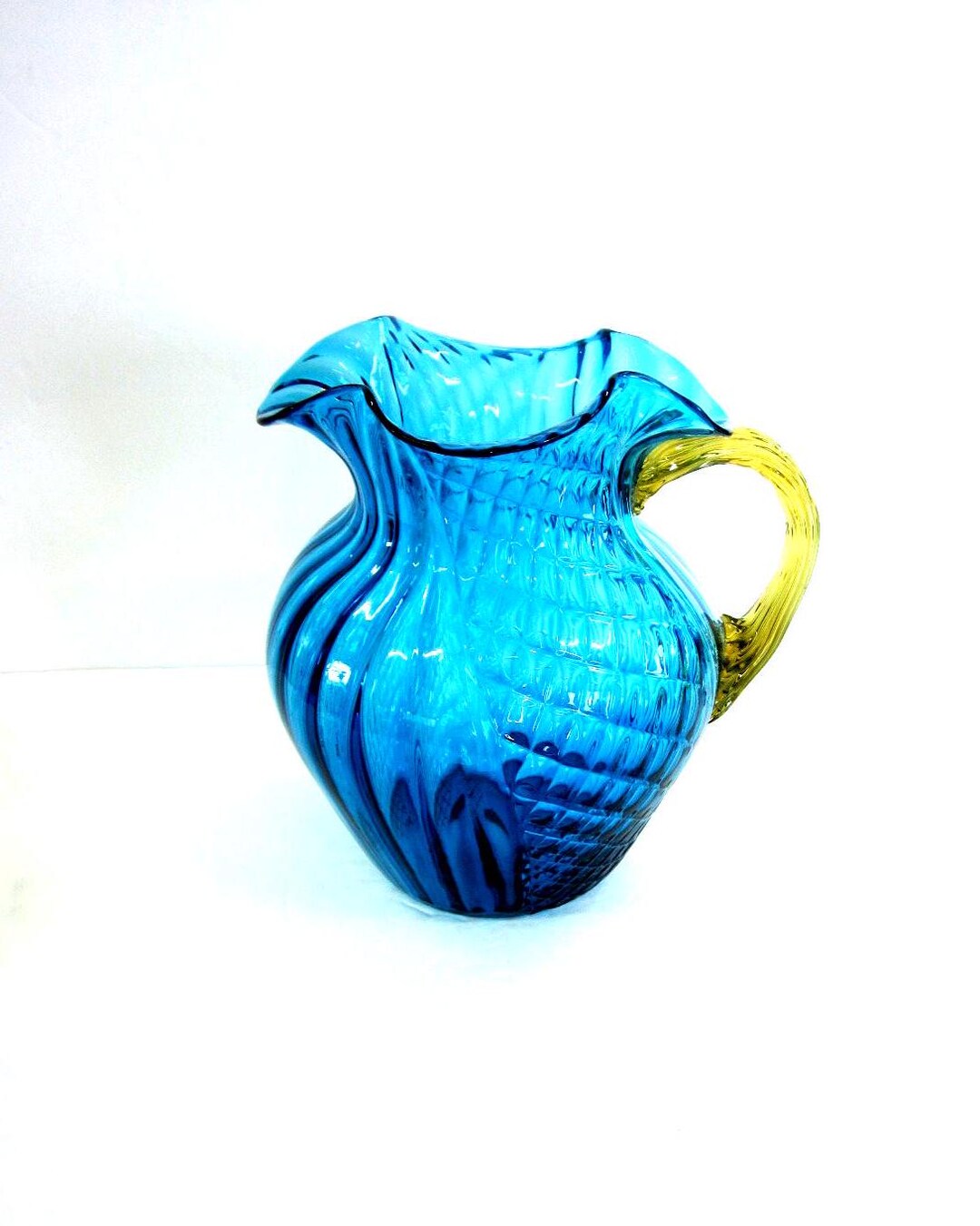 Fenton Peacock Blue 2 Pattern Pitcher With Ruffled Lip and Applied ...