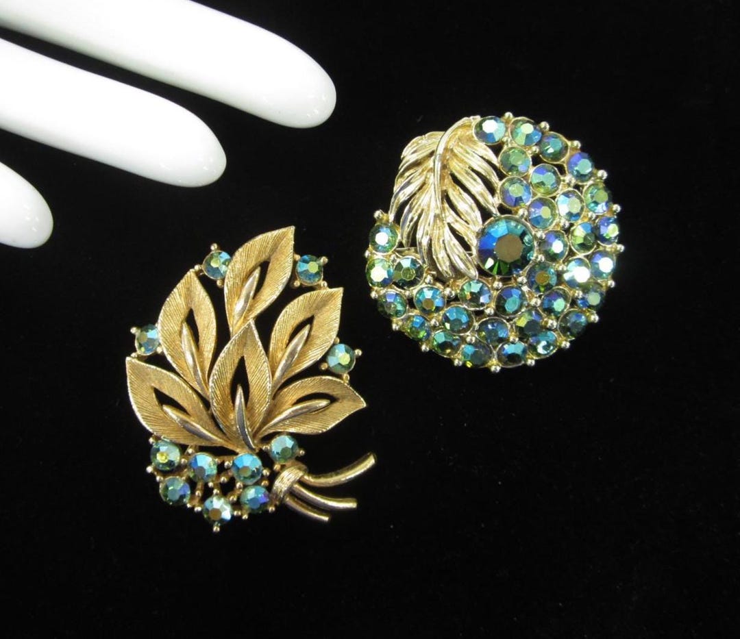 Vintage Lisner Rhinestone Brooches: Blue Green AB Flower Pins, Set of 2 ...