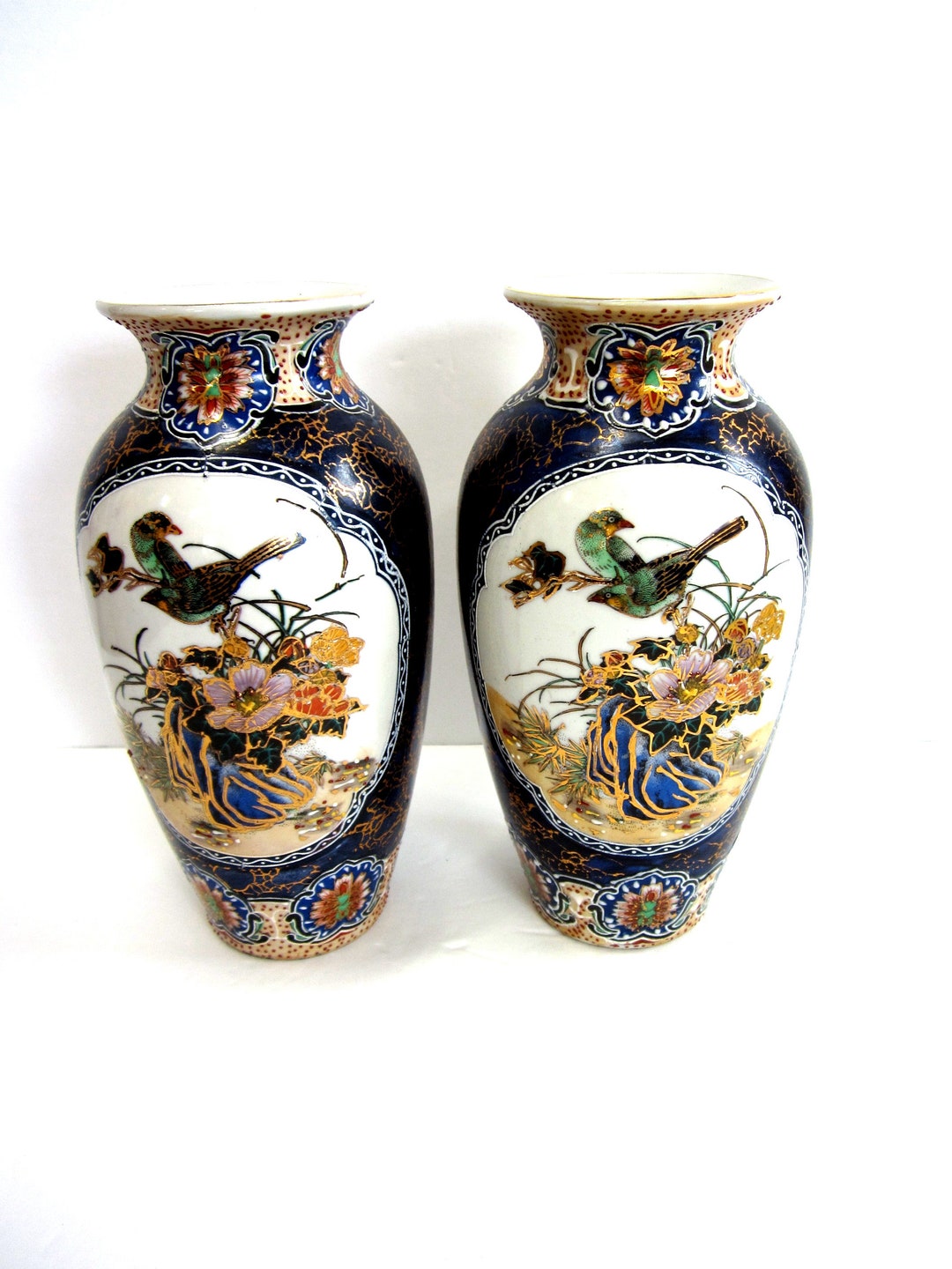 Vintage Satsuma Moriage Style Japanese Vases, Pair of Cobalt Blue and ...