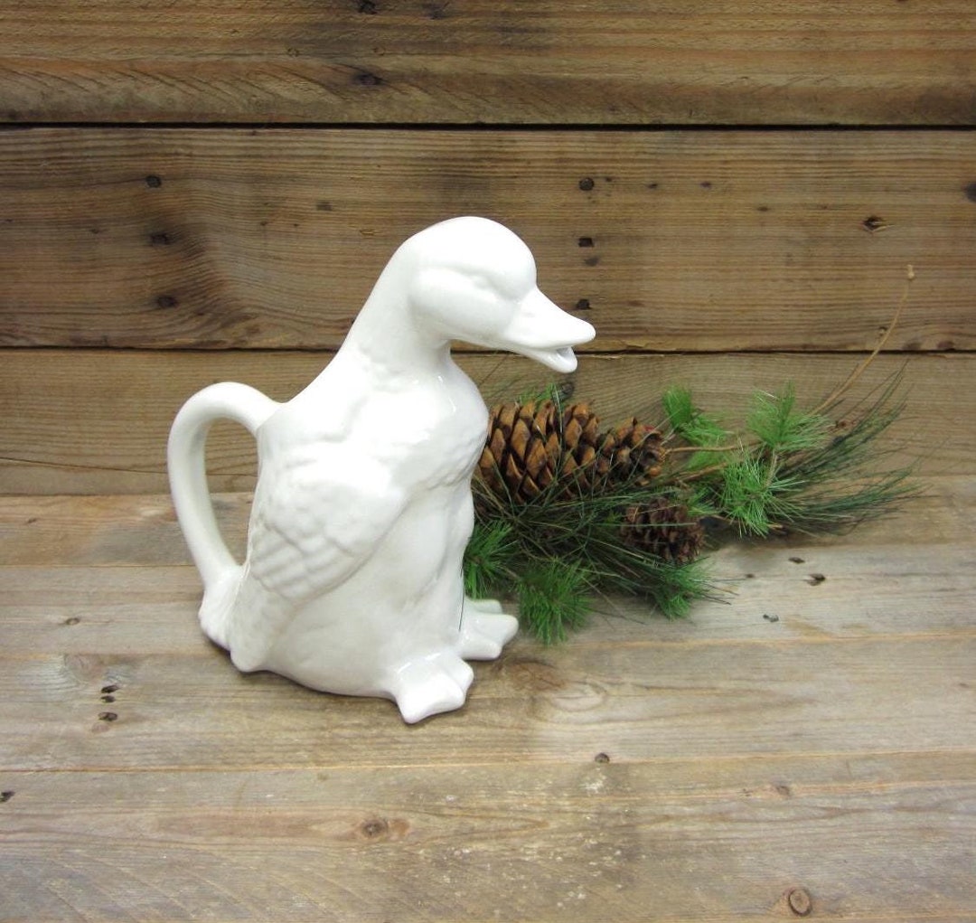 White Ceramic Figural Duck or Goose Pitcher, Farmhouse or Cottage Goose ...