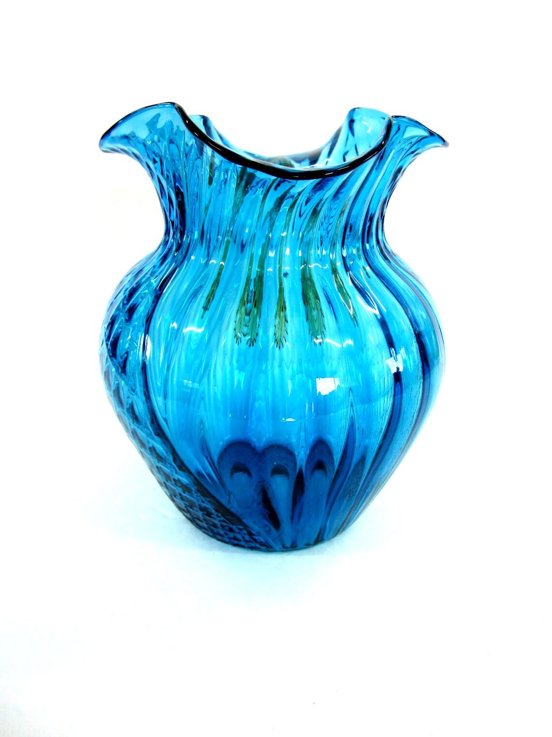 Fenton Peacock Blue 2 Pattern Pitcher With Ruffled Lip and Applied ...