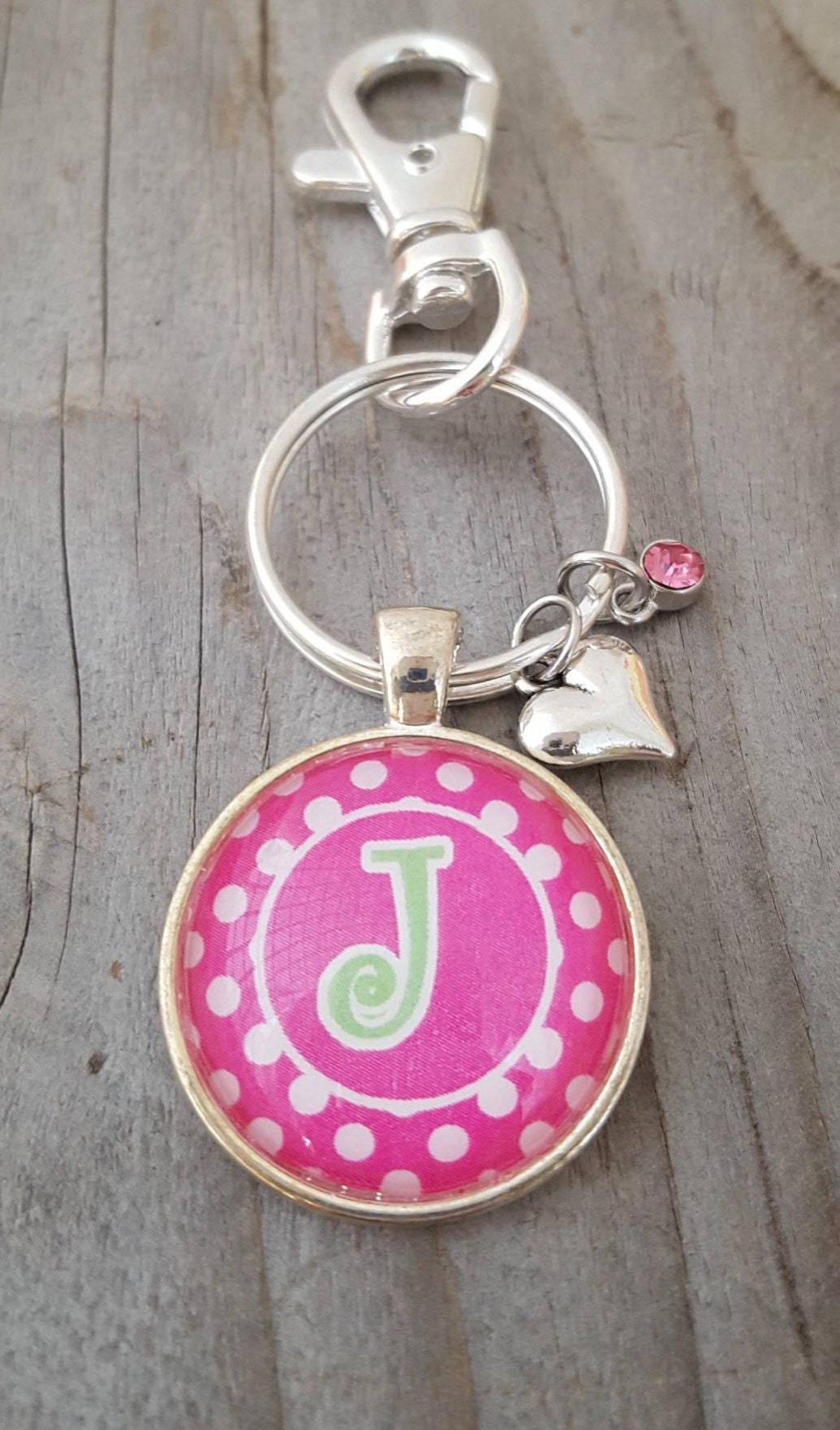 Pink Dots Letter Key Chain Silver Jewelry Heart Charm Polka - Etsy UK