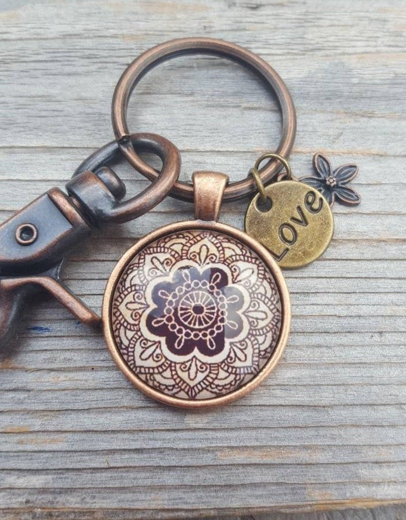 Light Brown Mandala Keychain Vintage Copper Keychain Flower - Etsy