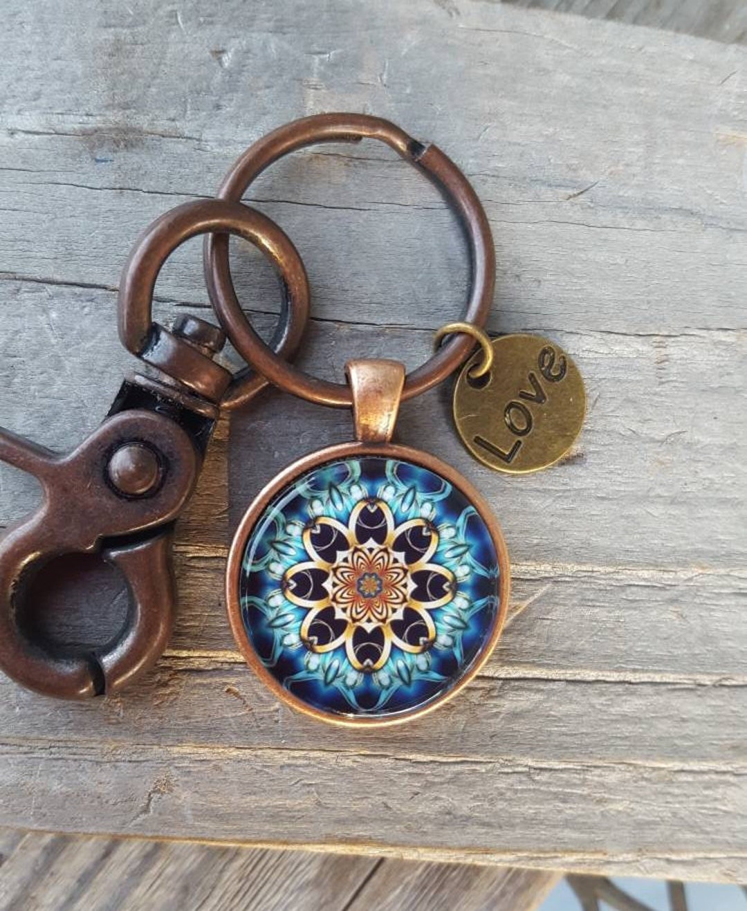 Vintage Copper Blue Design Mandala Key Chain, Vintage Look Key Chain ...