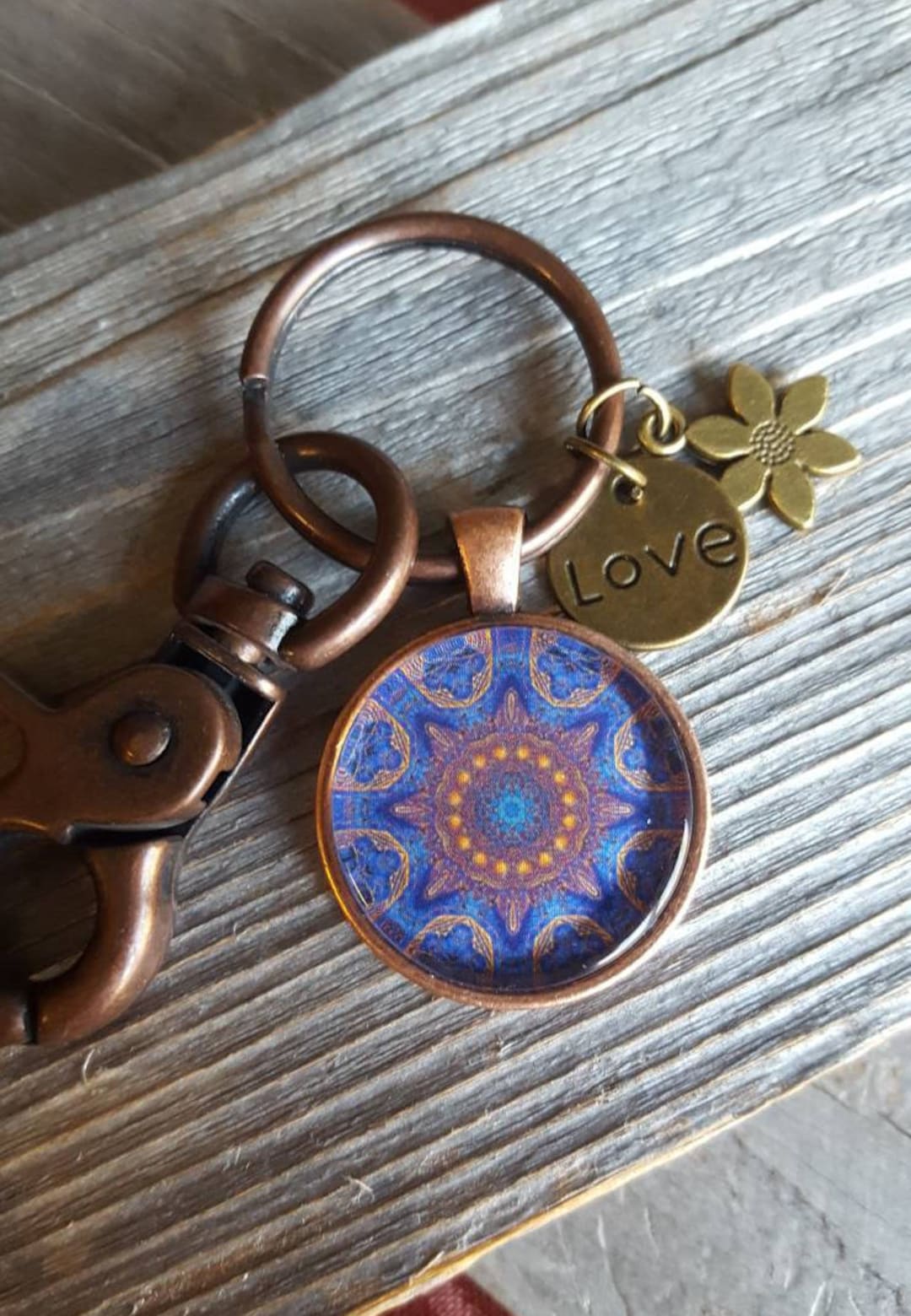 Blue Mandala Key Chain, Vintage Copper Key Chain, Blue Mandala ...