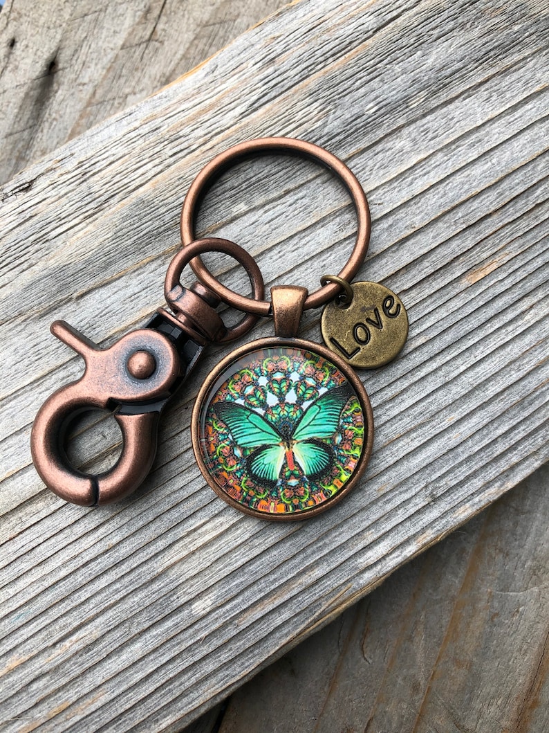 Butterfly Key Chain, Green Butterfly, Antique Copper, Spiritual Gift ...