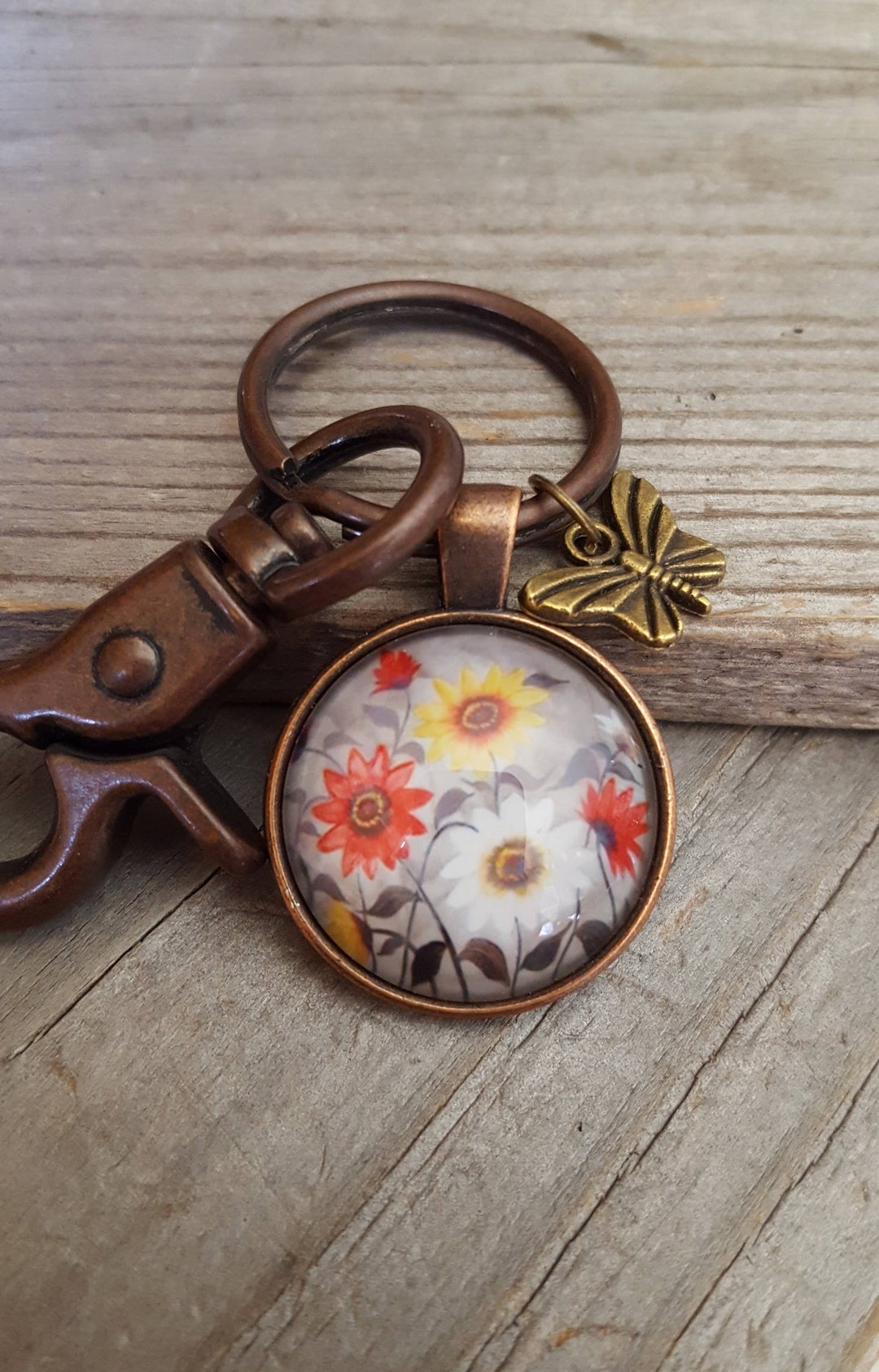 Vintage Look Spring Flowers Key Chain, Flowers Key Chain, Butterfly ...