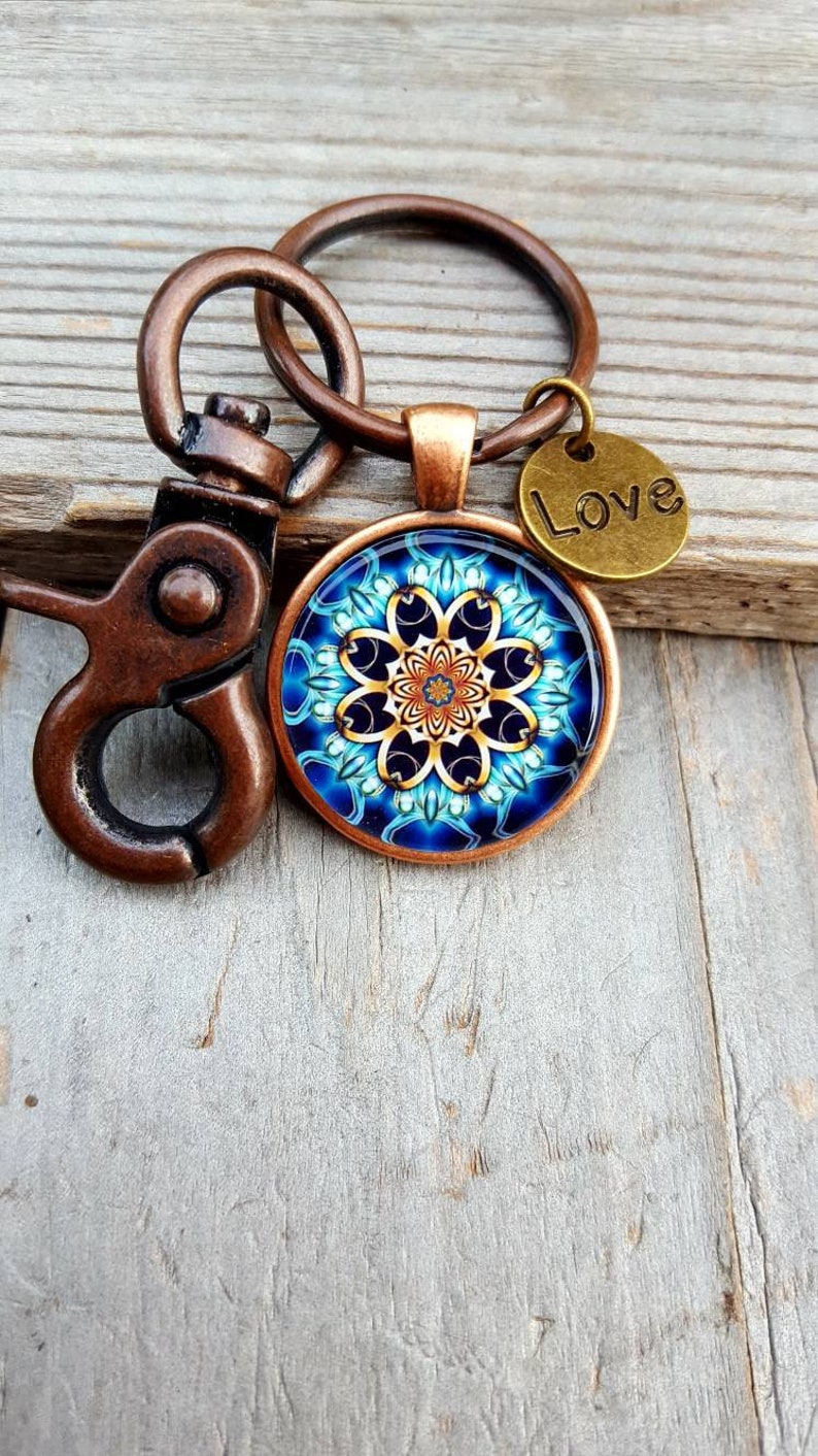 Vintage Copper Blue Design Mandala Key Chain Vintage Look Key - Etsy