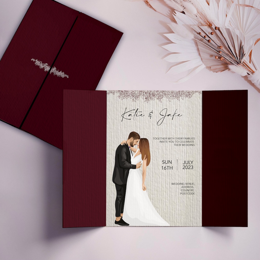 Gate Fold Wedding Invitation Floral Line Design - Etsy