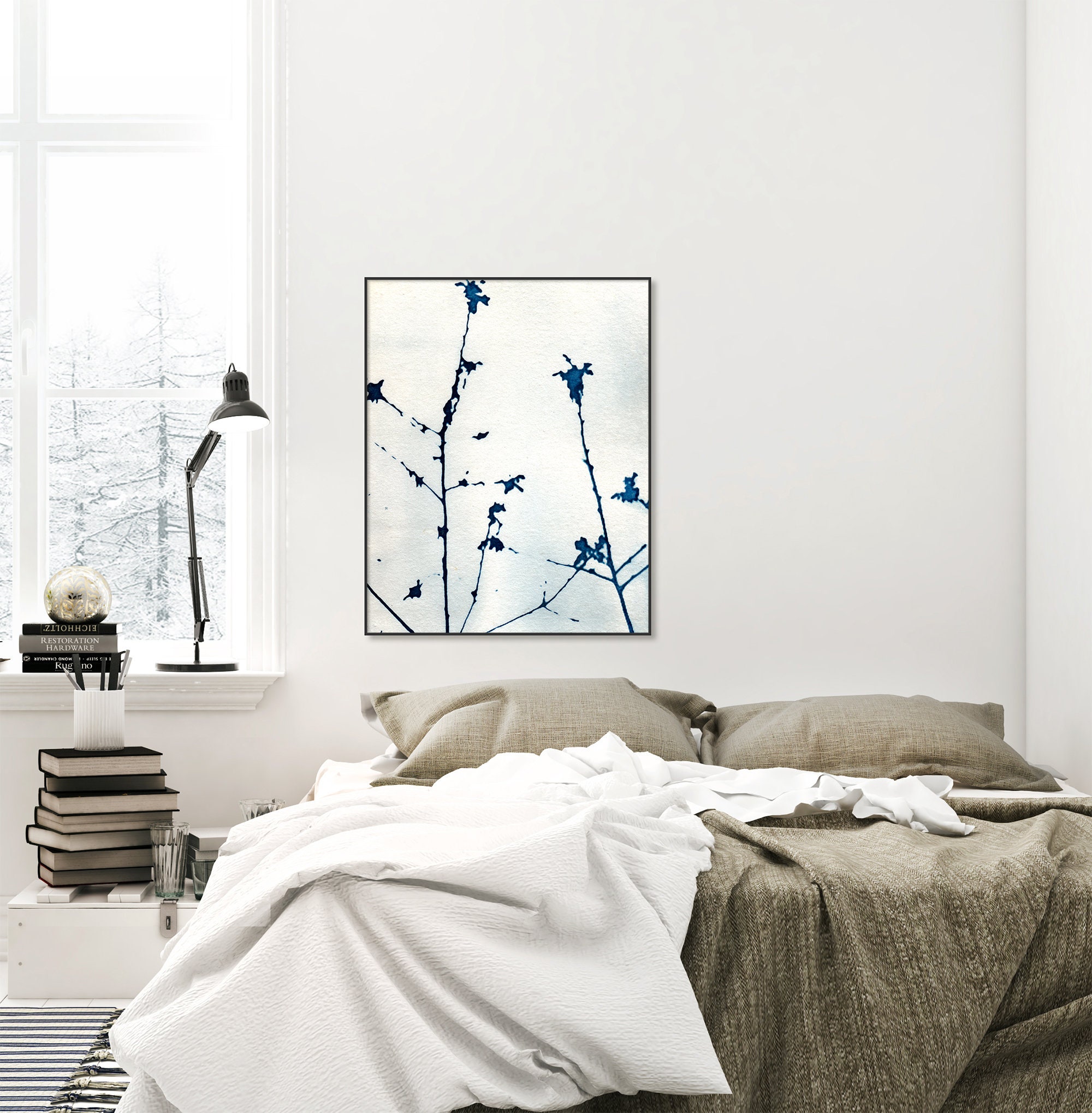 Minimalist Cyanotype Botanical Printable Wall Art, Flower Digital ...