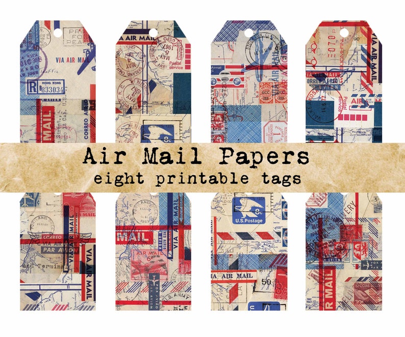 Printable Collage Ephemera Tags Air Mail Papers Labels Junk Journal Add ...