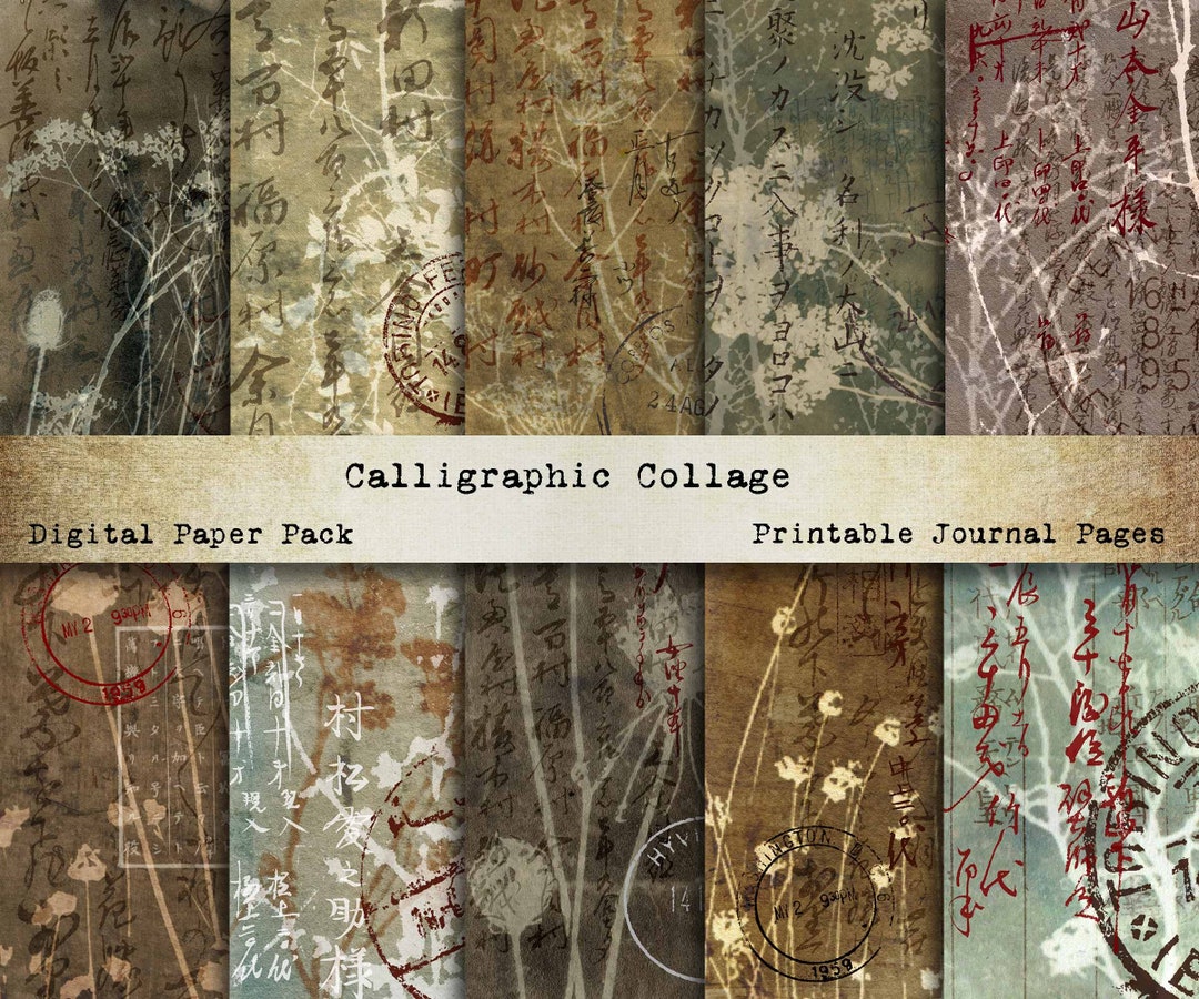 Printable Collage Sheets CALLIGRAPHIC COLLAGE Scrapbook Paper, Asian ...