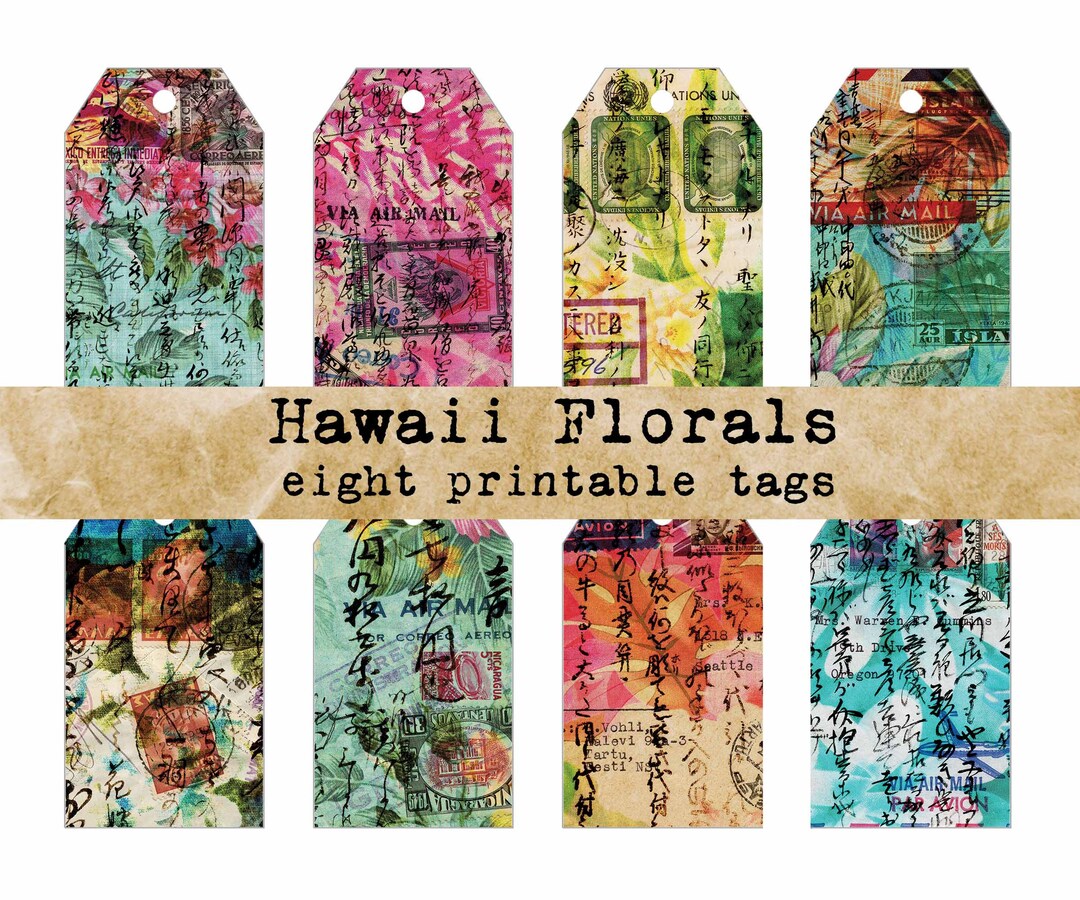 Printable Collage Ephemera Tags Labels Hawaii Floral Junk Journal Add ...