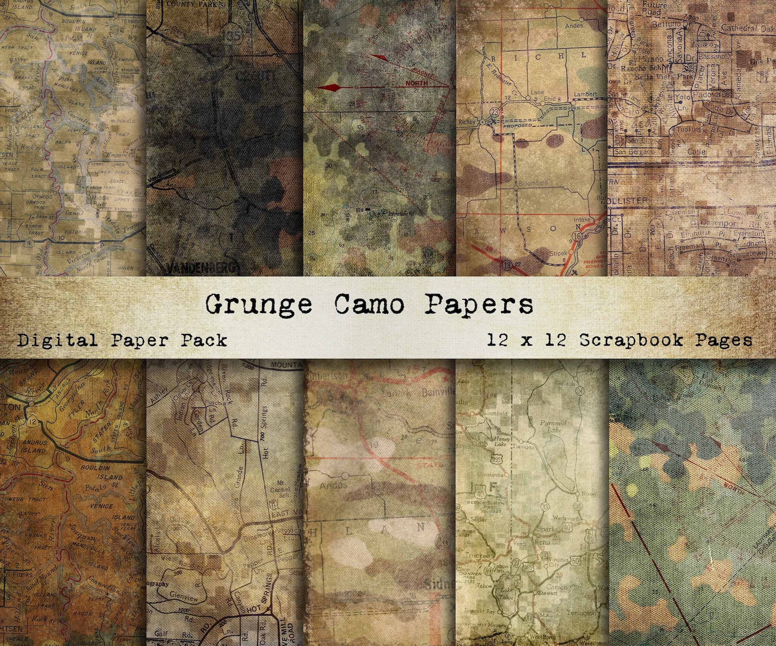 Printable Scrapbook Paper, Grunge Camoflauge, Digital Paper Pack, Junk ...