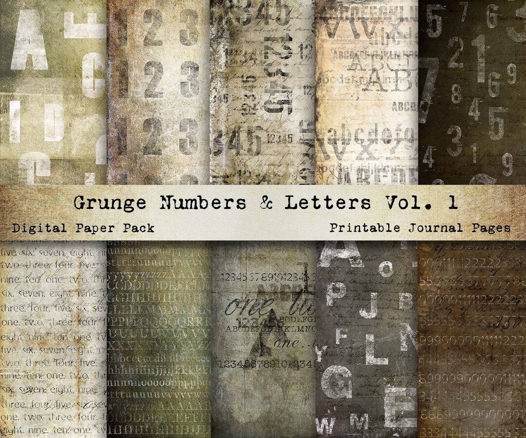 Digital Paper Pack Grunge Numbers and Letters VOL. 1 Junk Journal ...
