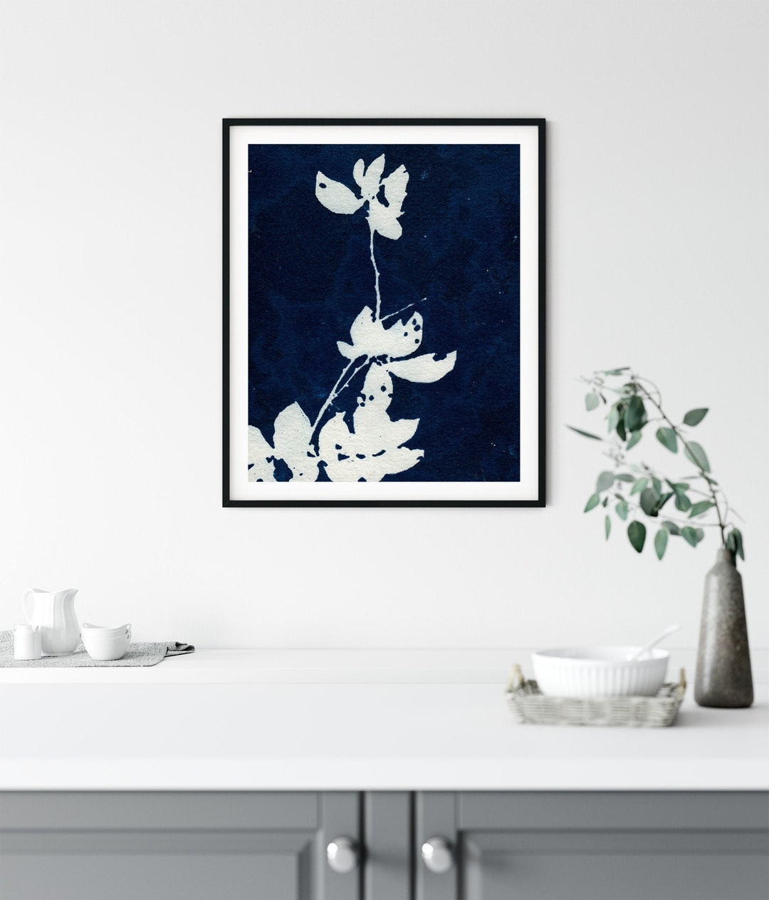 Blue Floral Minimalist Cyanotype Botanical Printable Wall Art, Flower ...