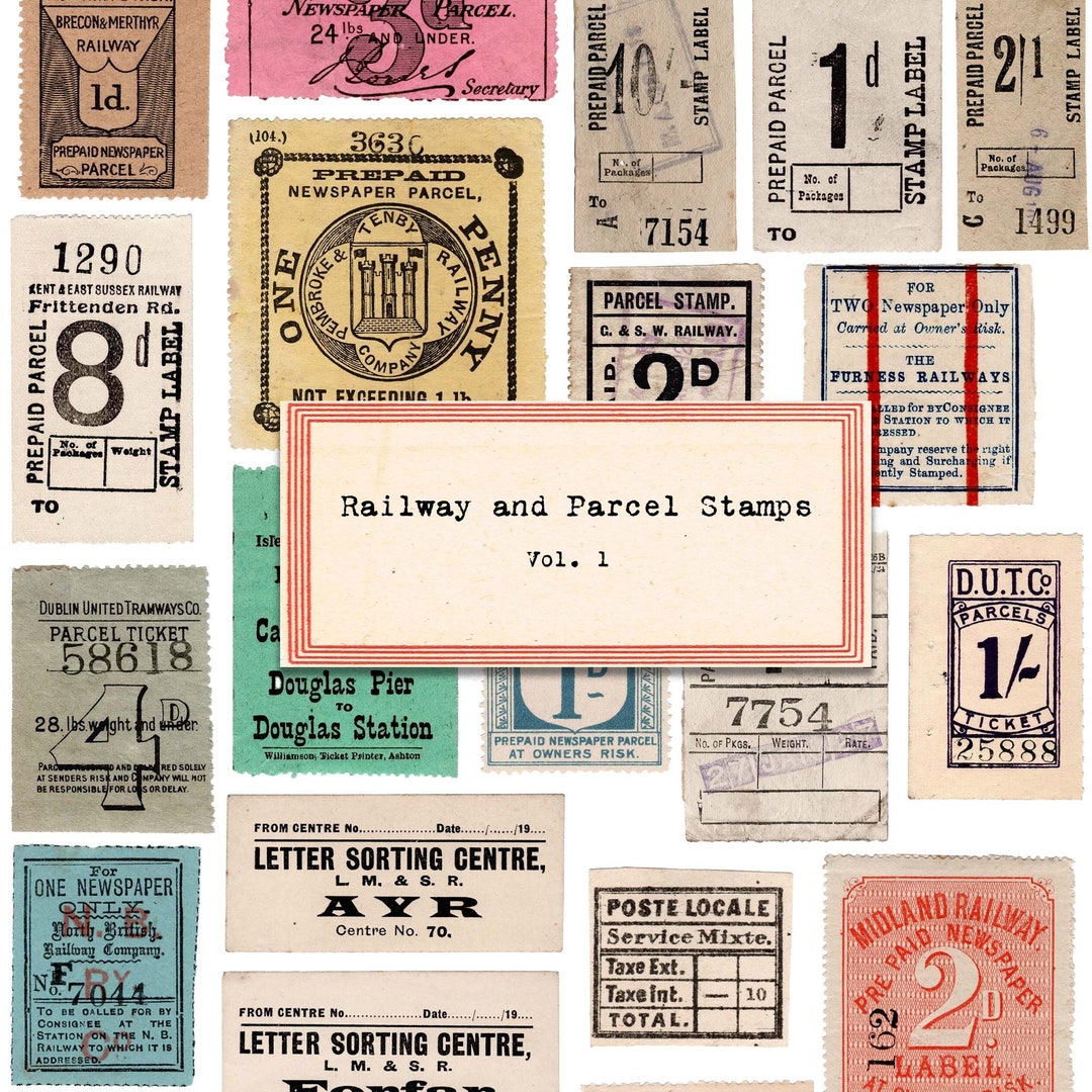 Printable Parcel Post and Railway Stamps Vol. 1 Vintage Mail Ephemera ...