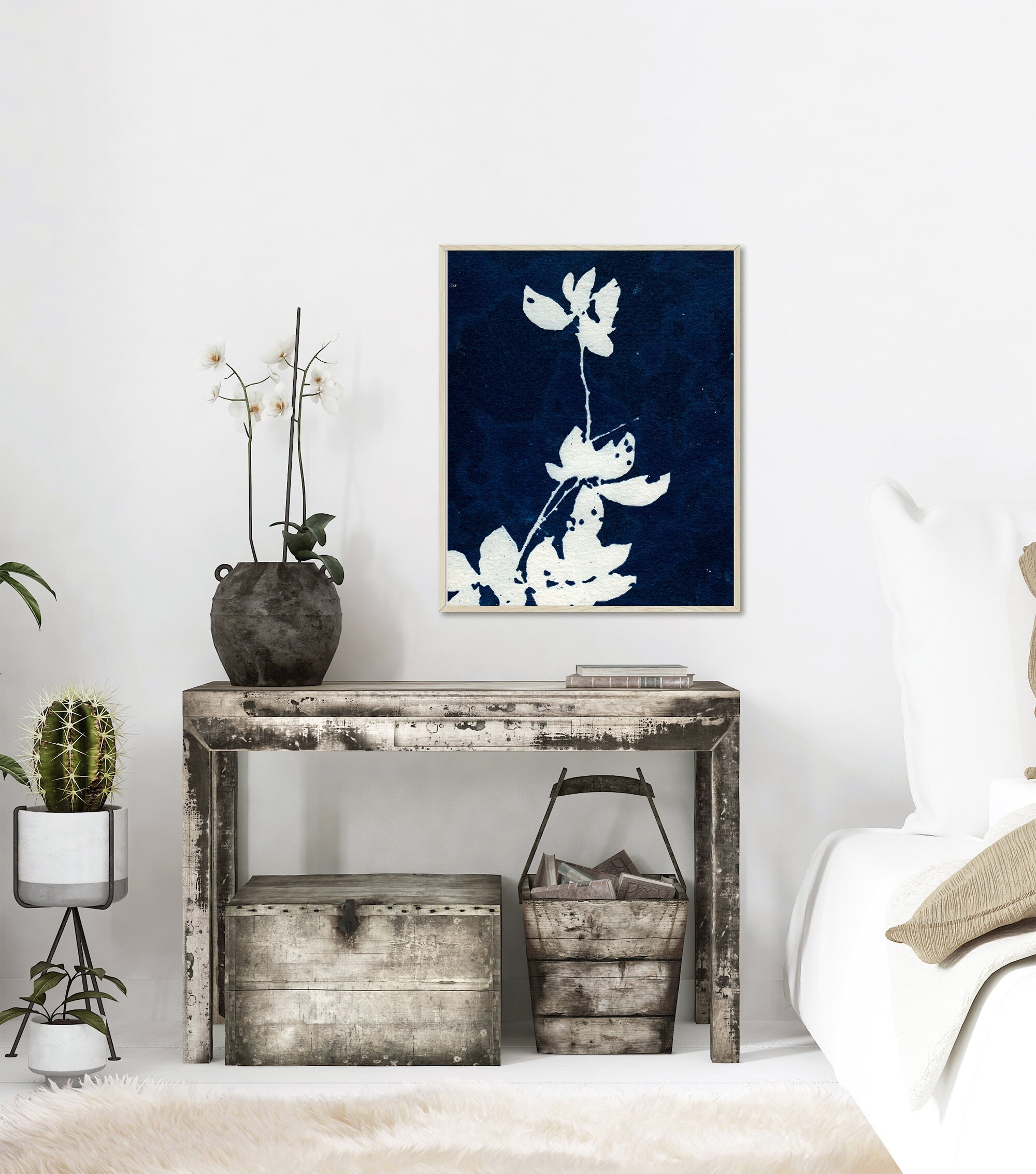 Blue Floral Minimalist Cyanotype Botanical Printable Wall Art, Flower ...