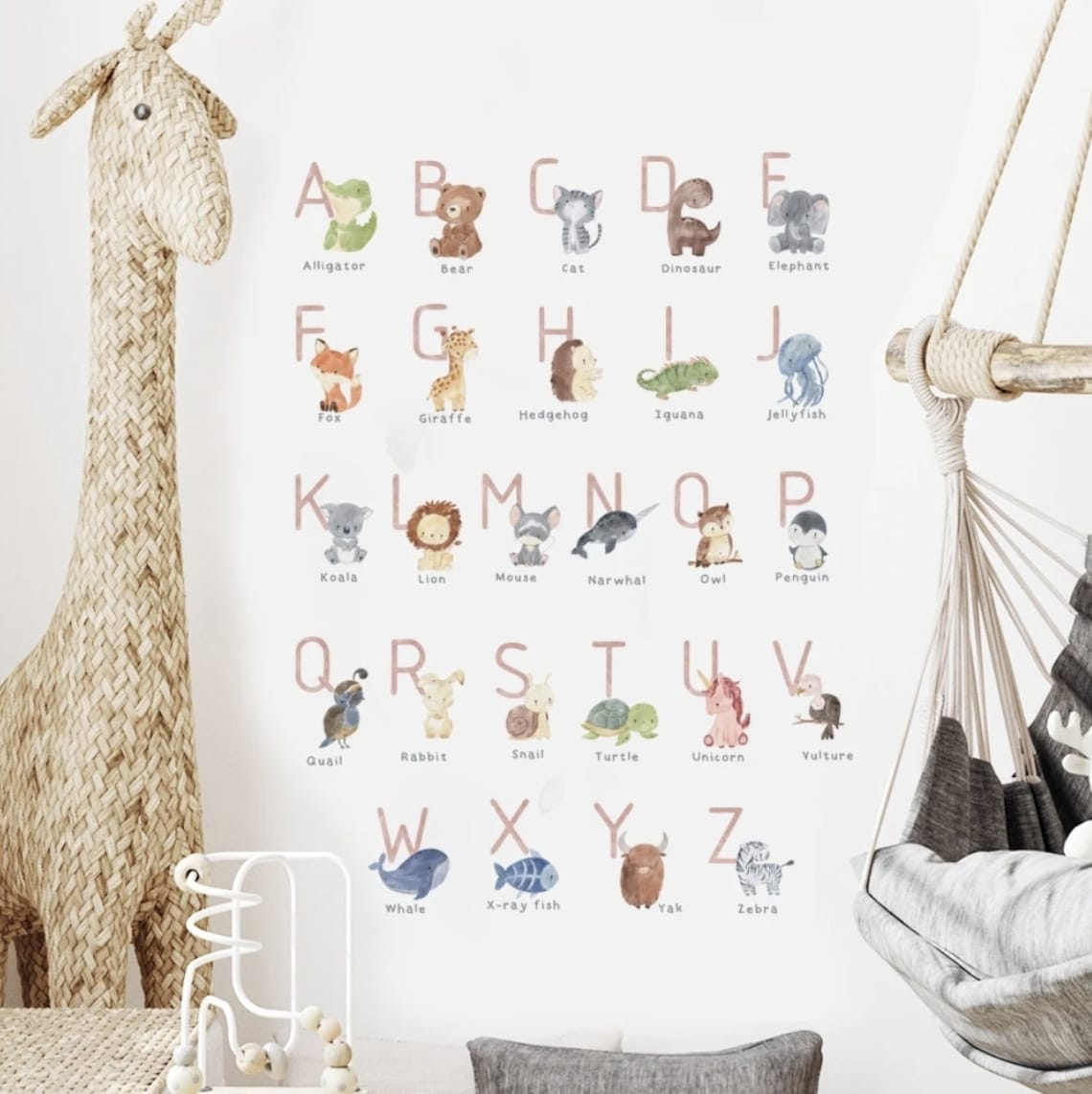 Watercolor Animal Alphabet Wall Decals, Decorative Jungle Stickers ...
