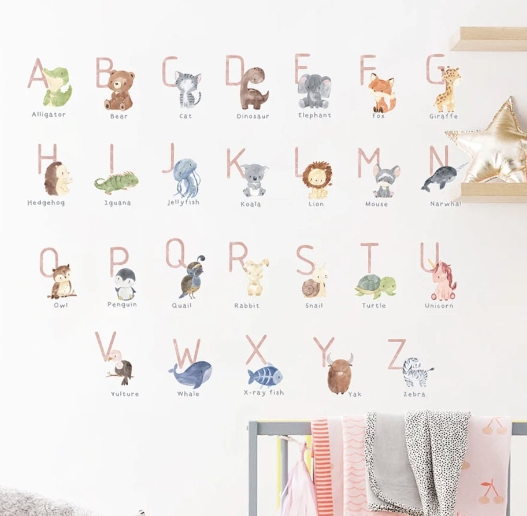 Watercolor Animal Alphabet Wall Decals, Decorative Jungle Stickers ...