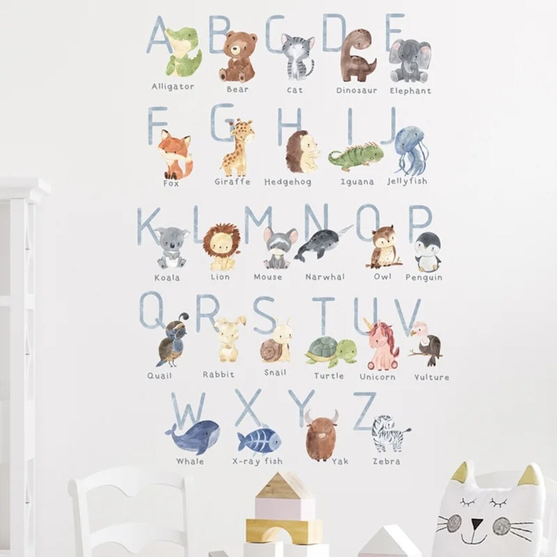 Watercolor Animal Alphabet Wall Decals, Decorative Jungle Stickers ...