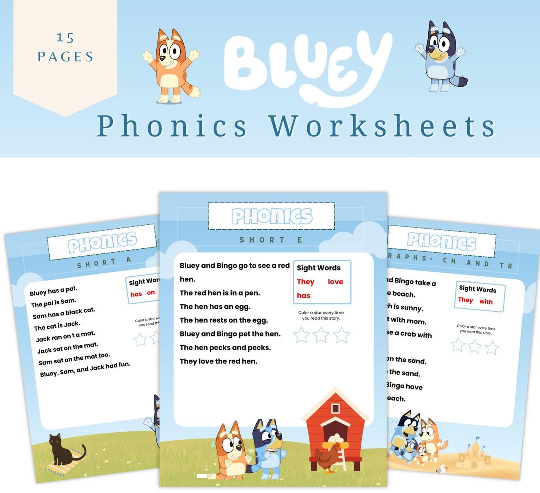 Bluey Phonics Passages, Early Reader Fluency Worksheets, Kindergarten ...