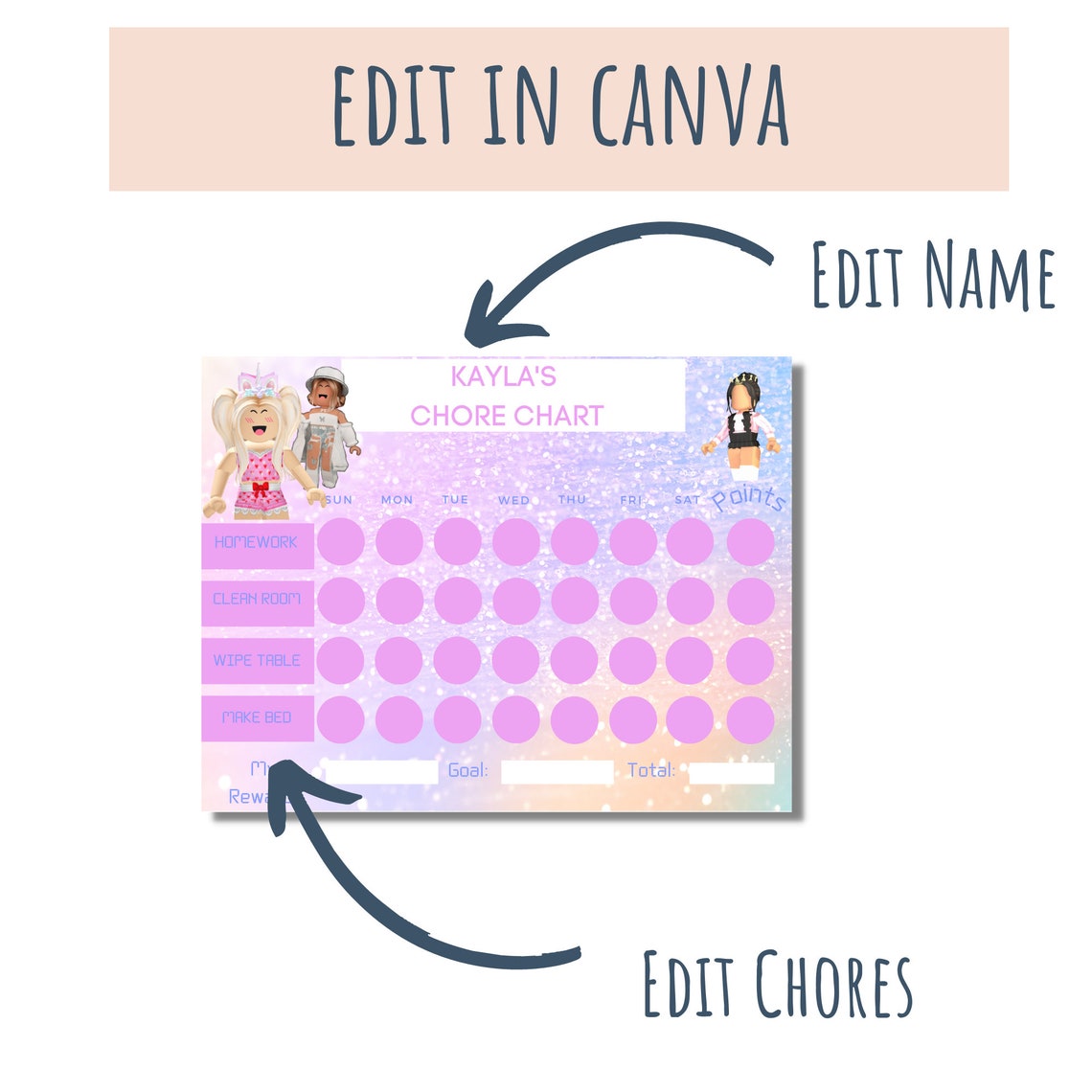 Girl Roblox Editable Reward Chart, Roblox Reward Chart, Printable ...