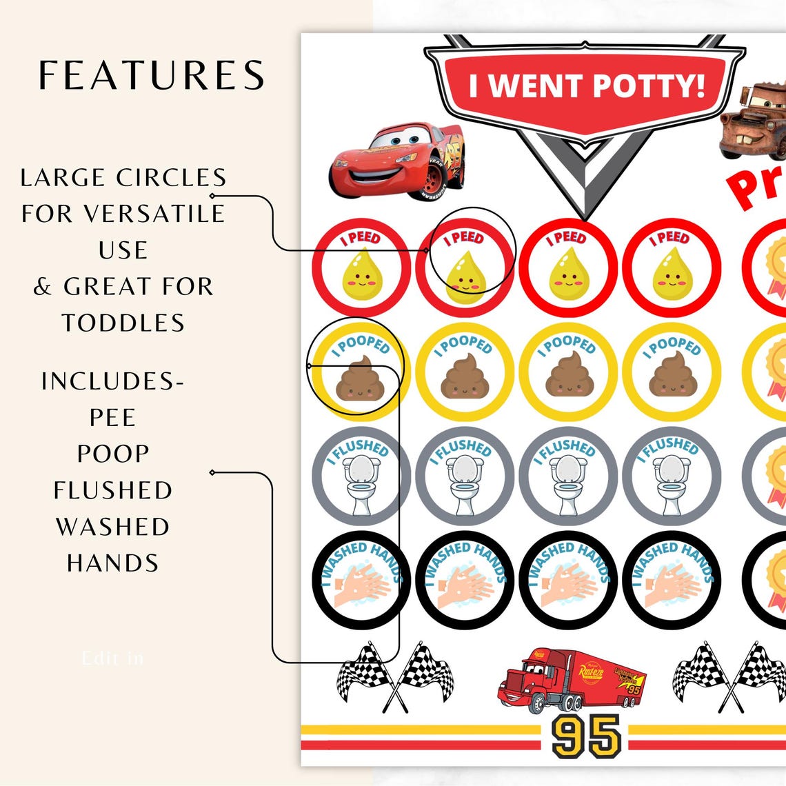 Cars Potty Training Chart Printable, Toilet Training Chart, Toileting ...