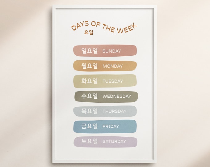 Korean Days of the Week Poster, Hangul Korean-english Bilingual ...